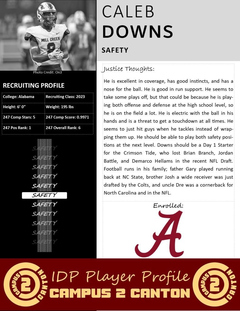 IDP Player Profile: Caleb Downs, Safety, Alabama (2023)